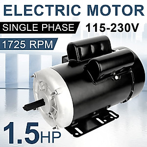 1.5HP Electric Motor 1725 RPM General Purpose Single Phase Motor 115V/230V 56 Frame 5/8" Shaft Diameter Rolled Steel Shell TEFC