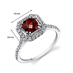 PEORA Garnet Ring for Women 14K White Gold with White Topaz, Genuine Gemstone Birthstone, 1.38 Carats total Cushion Cut 6mm, Halo Design, Size 5