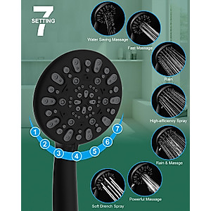 Hibbent 10'' Self-cleaning Rain Shower Head, High Pressure Handheld Shower Head, Showerhead Combo with 12'' Adjustable Curved Shower Extension Arm, 7-Spray, 71'' Hose, Showerhead Holder, Matte Black
