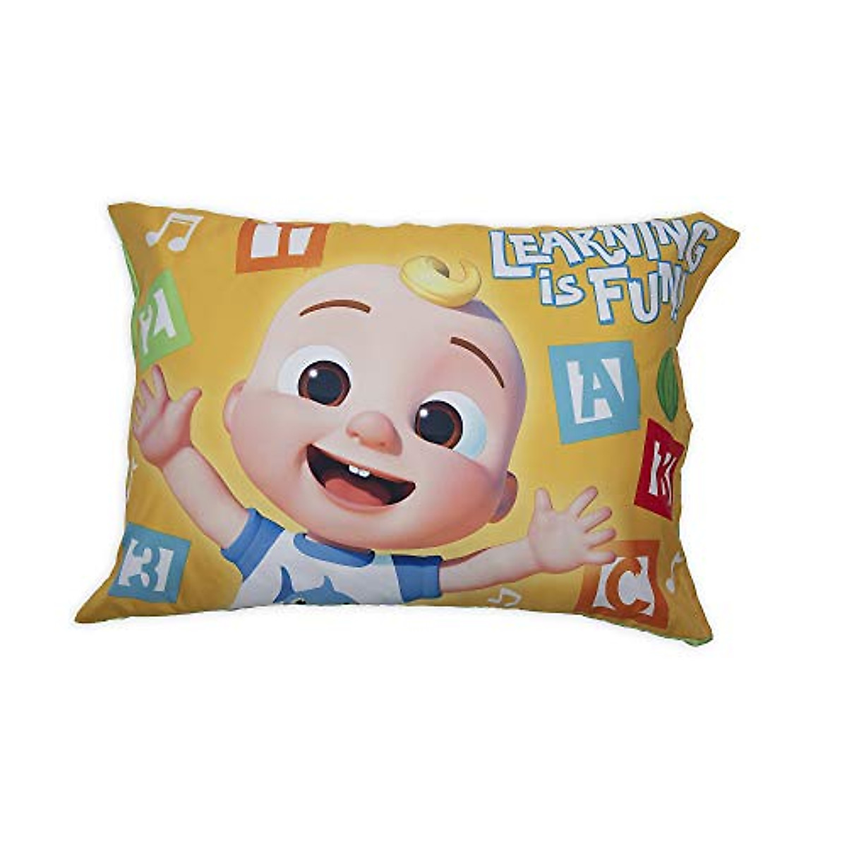 CoComelon 4 Piece Toddler Bedding Set - Includes Quilted Comforter, Fitted Sheet, Top Sheet, and Pillow Case - Letters and Music Design