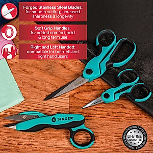 SINGER ProSeries Sewing Scissors Bundle, 8.5" Heavy Duty Fabric Scissors, 4.5" Detail Embroidery Scissors, 5" Thread Snips with Comfort Grip