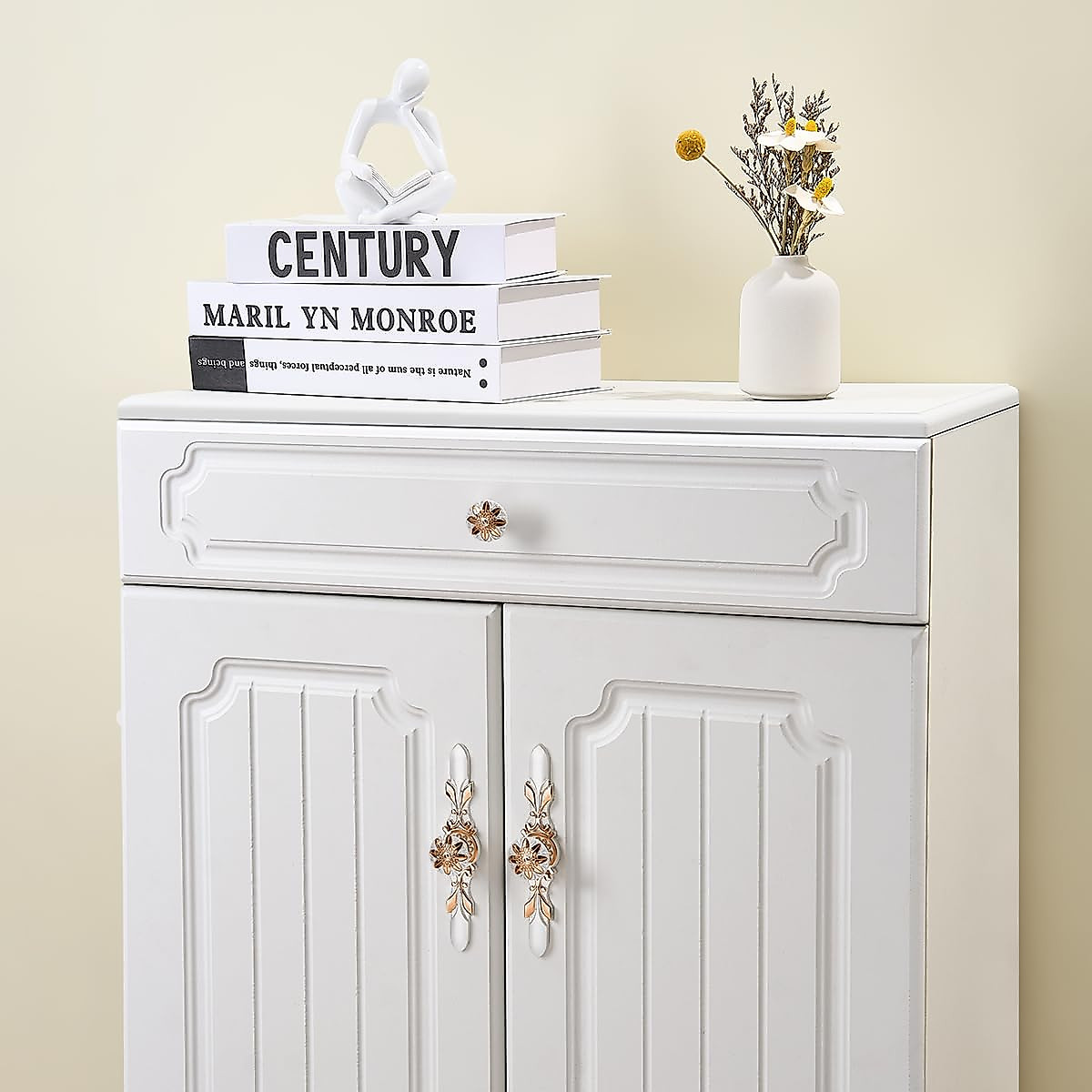 Aandxmok 10 Pack Round Ivory White Gold Knobs and Plates - 1.16” Knob & 5.8” Plate - Boho Cabinet Knobs for House Furnitures Decorative Flower Look, Metal Cabinet Desk Knobs