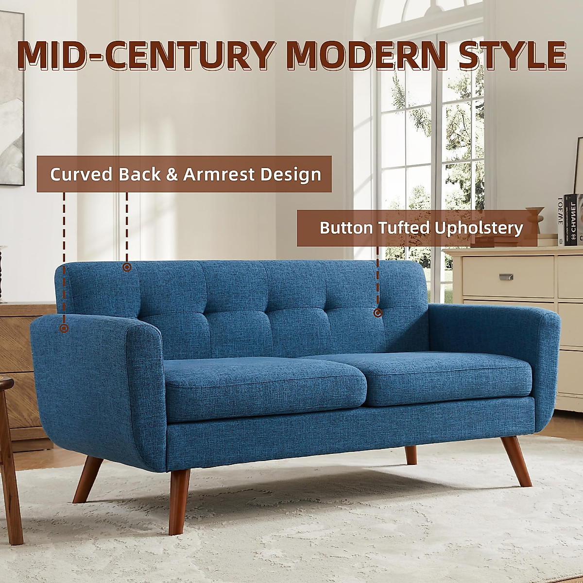 Tbfit 65" W Loveseat Sofa, Mid Century Modern Decor Love Seat Sofas and Couches for Living Room, Button Tufted Upholstered Small Couch for Bedroom, Solid and Easy to Install Love Seats Furniture, Blue