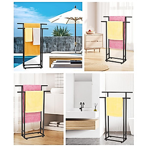 Standing Towel Racks for Bathroom, 2 Tier Bathroom Floor Free Standing Towel Rack, Tall Enough Pool Towel Rack Outdoor Stand for Drying Storage Towels, Black Freestanding Blanket Holder, ALHAKIN