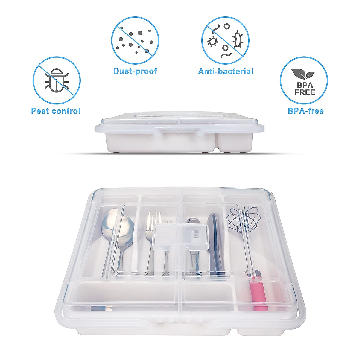 YICOCHI Portable Utensil Holder for Countertop with Lid & Handle, Plastic Silverware Tray for Drawer Flatware Organizer, White