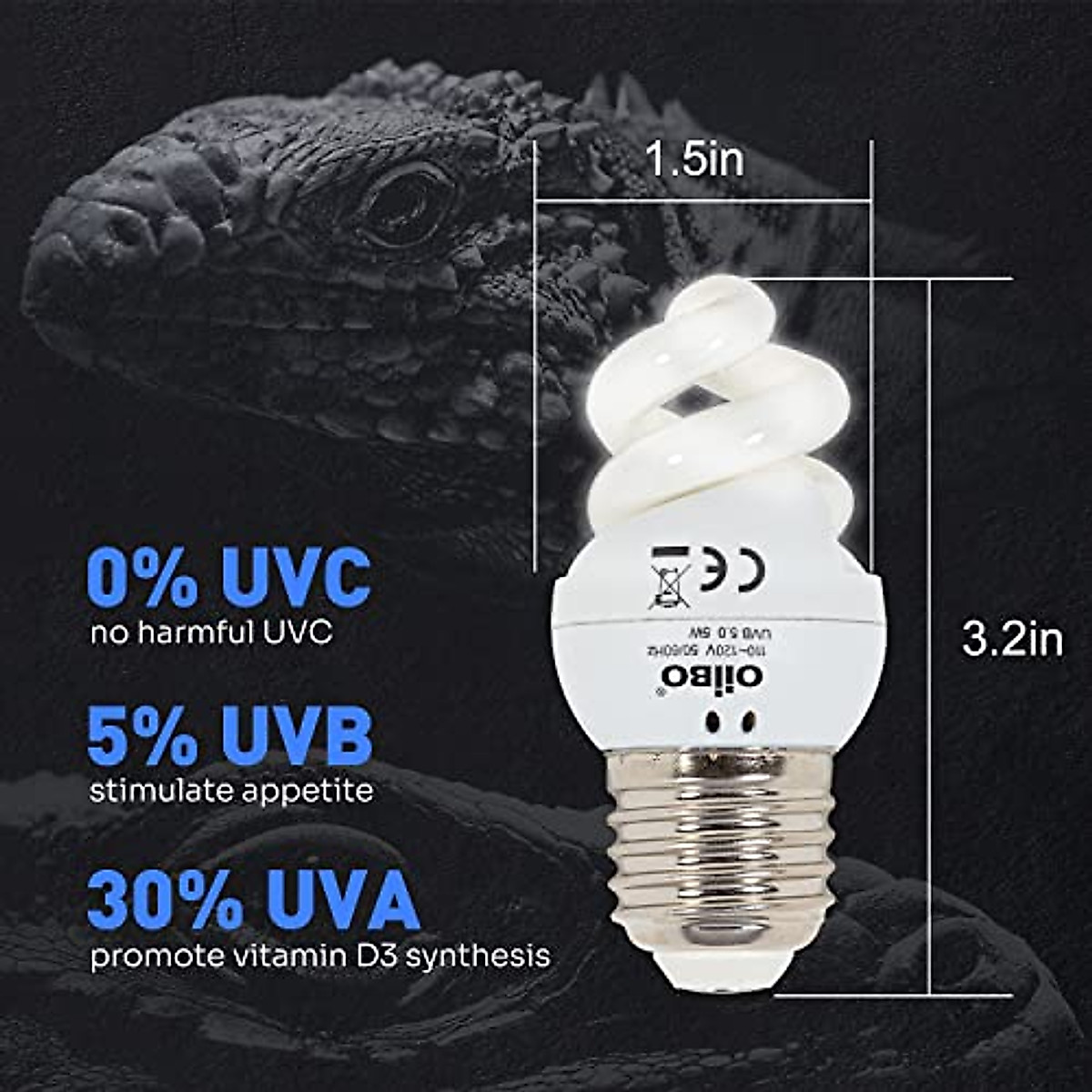 OIIBO 5.0 UVB Reptile Light, Mini UVB 5W Light Bulb with 4 Inch Deep Dome Reptile Light Fixture for Turtle Red Legs Tropical Animals in Small Terrariums