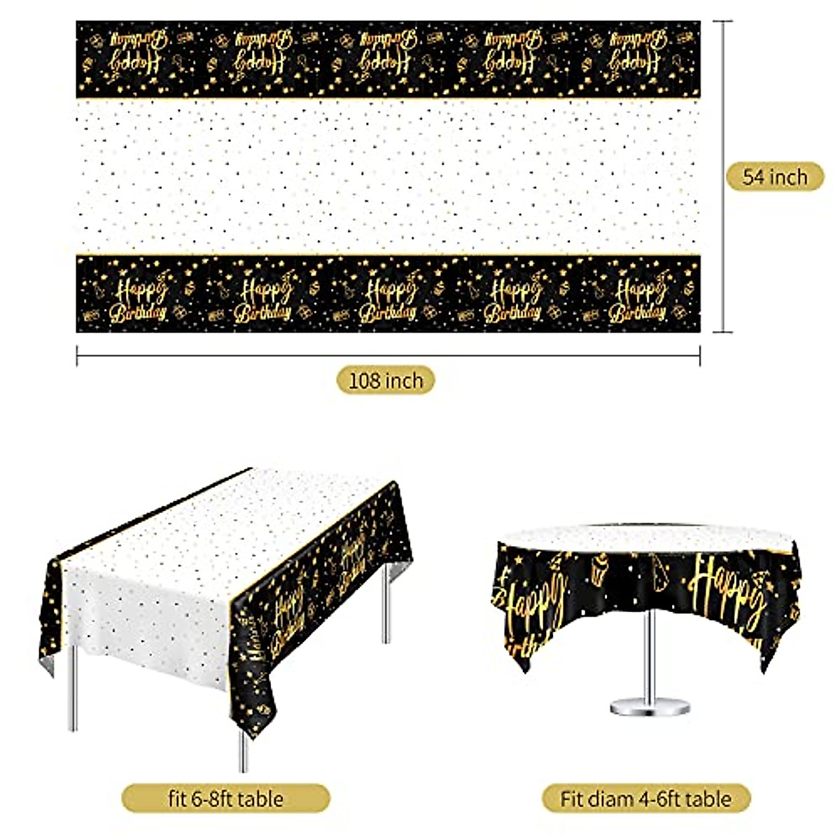 Ruisita 2 Pack Black Gold Table Cloth Cover Happy Birthday Tablecloth Party Tablecloths Rectangular Table Cloth Cover for Indoor or Outdoor Parties Birthdays