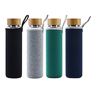 sunkey Glass Water Bottle 32 oz Wide Mouth with Sleeve Bamboo Lid Motivational Water Bottle With Time Marker Reusable Safe for Hot Cold Drinks Bpa Free (Gray)