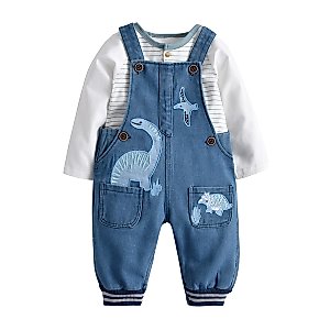 LvYinLi Baby Boy Clothes Set Infant Boy's Long Sleeve Romper+Dinosaur Denim Overalls Toddler Boys Fall Winter Outfits (Blue, 0-6 months)