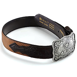 ARIAT Boy's Distressed Brown Leather Belt with Antiqued Silver Buckle, Floral Accents, Size 24
