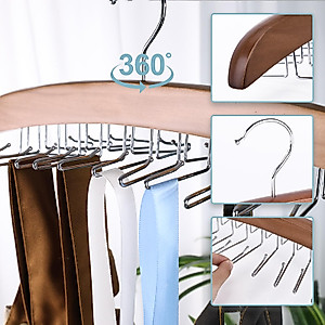 HAKDAY Wooden Top Hanger, Tie Rack Hanging Tie Holder Belt Organizer for Closet 24 Hooks 360° Rotating Space Saving, for Bra,Tie, Belt