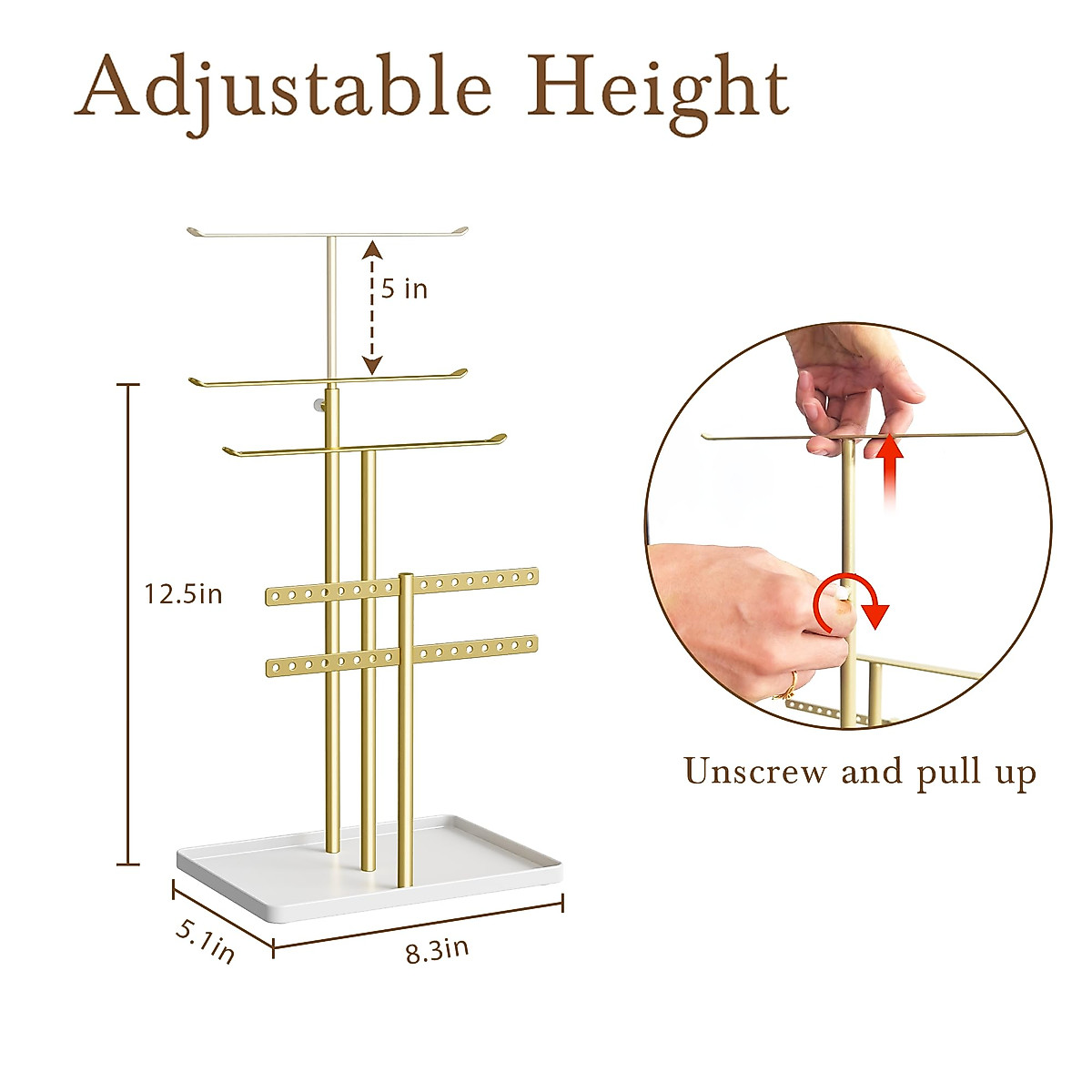 susswiff Jewelry Holder Organizer Stand - Adjustable Jewelry Tree 17.5" Height (Max), Jewlery Hanger for Necklaces, Bracelets, Earrings, Aesthetic for Storage and Display, Metal, Gold and White