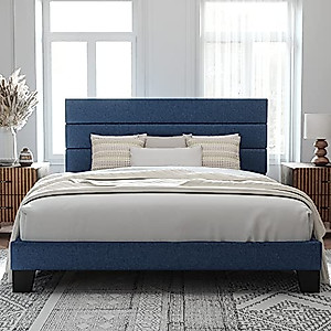 Allewie King Size Platform Bed Frame with Fabric Upholstered Headboard and Wooden Slats Support, Fully Upholstered Mattress Foundation/No Box Spring Needed/Easy Assembly, Navy Blue