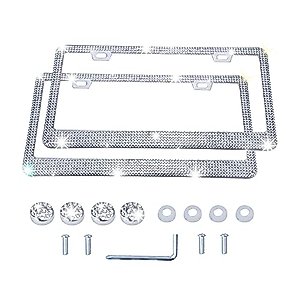 LivTee Luxury Rhinestone License Plate Frame Bling Car Accessories for Women, Funny Glitter Stainless Steel Cover 1000+ Cute Crystal Diamond Licenses Plates Holder with Cap Screws Set(White)