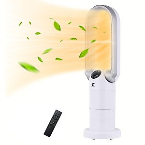 Ocean Loong 1500W Space Heater & Bladeless Tower Fan for Bedroom Home Office, Eco Ceramic Heater with Adjustable Thermostat, 120°Oscillating & Tilt Head, Remote, Timer, Table Fan AB01H (White)