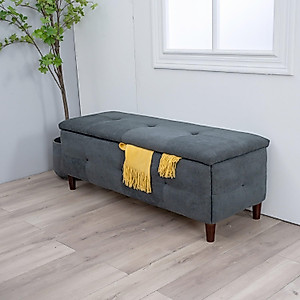Panana Rectangle Tufted Lift Top Storage Ottoman Bench, Footstool with Solid Wood Legs Upholstered Storage Bench, Gray Linen Fabric