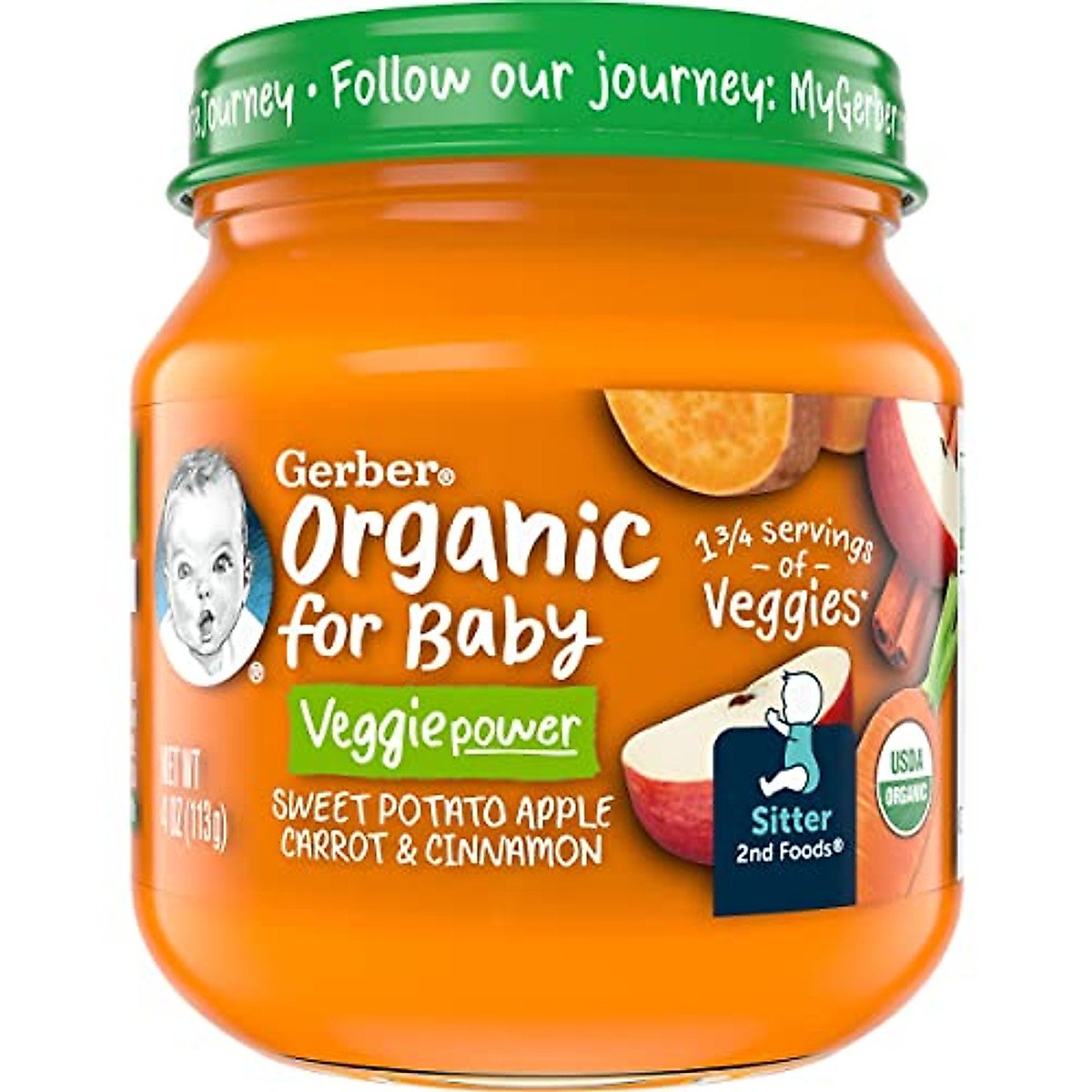 Gerber Organic for Baby 2nd Foods Veggie Power Baby Food Jar, Sweet Potato Apple Carrot & Cinnamon, Non-GMO & USDA Organic Pureed Baby Food, 4 OZ Glass Jar (Pack of 6)