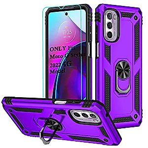 Androgate Moto G Stylus 2022 4G Case - Military-Grade Metal Ring Kickstand, 15ft Drop Tested, Shockproof with HD Screen Protector, Purple