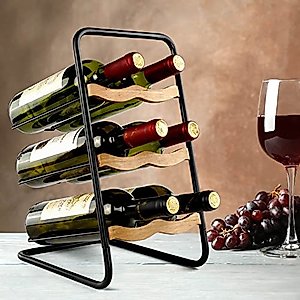AQAREA Wine Racks Countertop（Iron&Wood） Rustic 3-Tier 6-Wine Bottles Holder Countertop Small Wine Bottle Storage Rack Stand