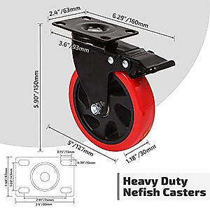 Nefish Swivel Caster Wheel for Cart, 5 Inch Industrial Casters Set of 4 - Heavy Duty Top Plate Casters with Brake 2200 Lbs, 360 Degree Polyurethane Wheels for Cart, Trolleys, Furniture, Equipment
