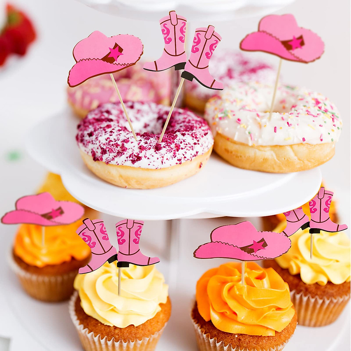 60 Pieces Cowboy or Cowgirl Hat and Boot Cupcake Toppers Western Birthday Cake Decorations Rodeo Cupcake Picks Baby Shower Toothpicks for Western Theme Party Favors Supplies (Pink)