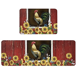 Farmhouse Rooster Kitchen Mats and Rugs Set of 2, Washable Absorbent Chicken Sunflower Kitchen Runner Rug Carpet Anti-Fatigue Comfort Mat for Kitchen Bathroom Laundry