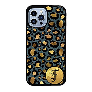 Blue Gold Foil Leopard Personalized Initial Apple iPhone Black Rubber Phone Case Compatible with iPhone 14 Pro Max, Pro, Max, iPhone 13 Pro Max Mini, 12 Pro Max Mini, 11 Pro Max X XS Max XR 8 7 Plus