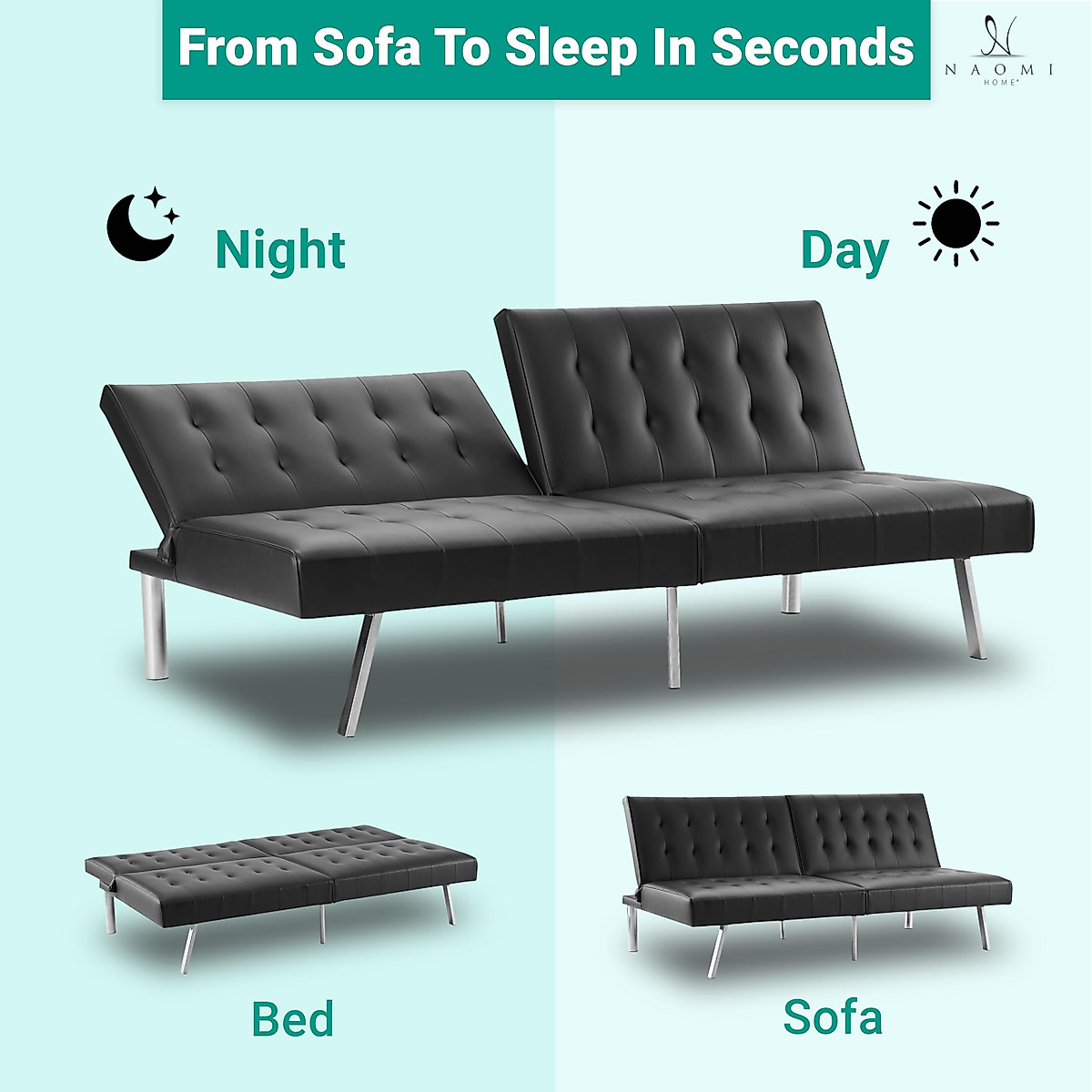 Naomi Home Tufted Split Back Futon Convertible Sofa Bed, Futon Couches for Living Room, Faux Leather Futon Couch Bed with Chrome Legs, Folding, Reclining Small Convertible Sofa Bed, Black