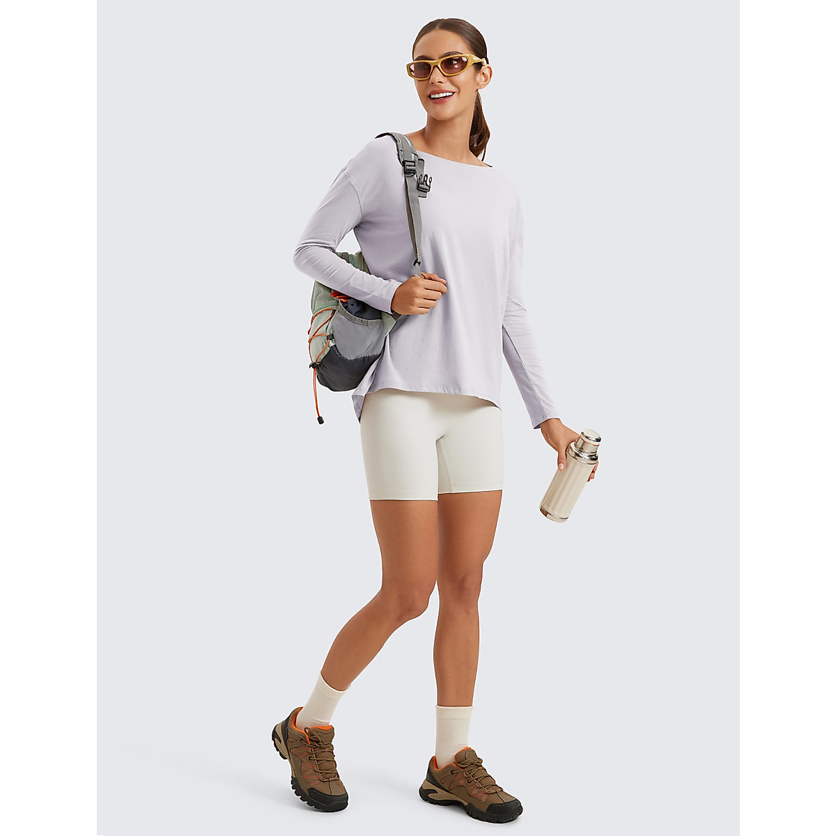 CRZ YOGA Pima Cotton Long Sleeve Workout Shirts for Women Loose Fit Athletic Yoga T-Shirts Casual Boat Neck Fall Tops Iced Iris Large