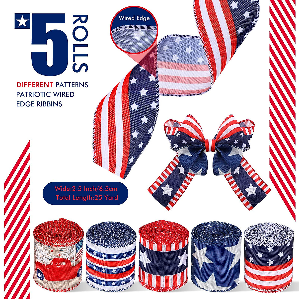 5 Rolls Star Wired Edge Ribbon 2.5 Inch Patriotic Ribbon Stars Stripes Satin Ribbon 4th of July Grosgrain Ribbon Halloween Thanksgiving Christmas Decoration for DIY Crafts Supplies Wreath Garland