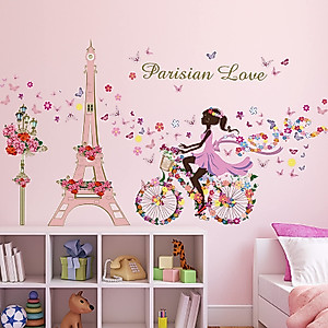 RW-9006 3D Flower Fairy Wall Decals Romance Paris Eiffel Tower Wall Stickers DIY Removable Girl Riding Bike Butterfly Floral Light Tower Decor for Girls Women Bedroom Living Room Nursery Decoration