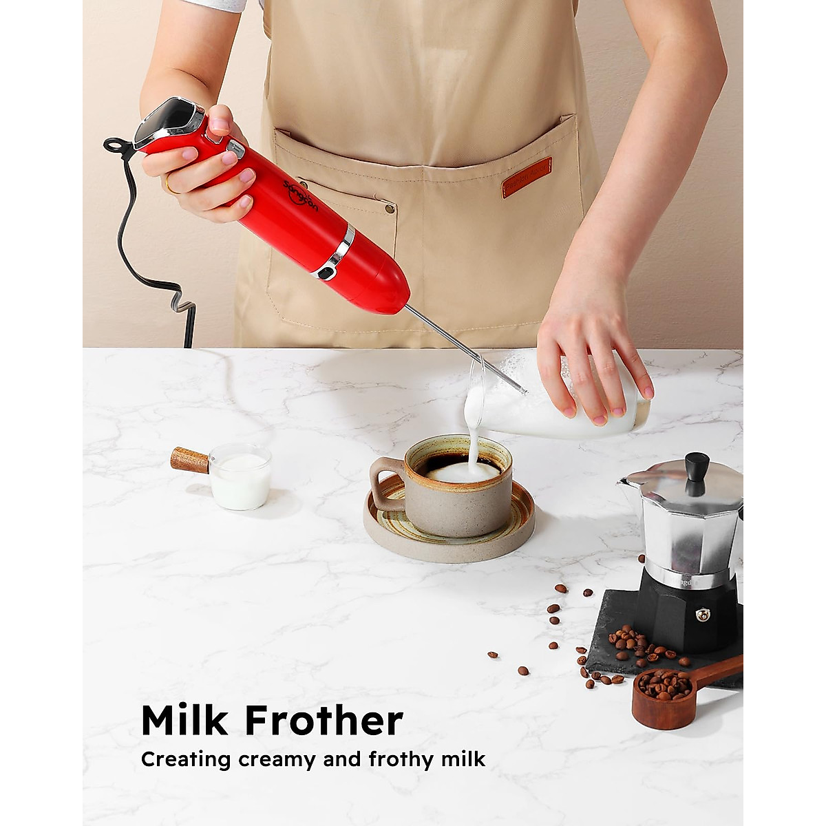 Sangcon Immersion Blender Handheld, 3-in-1 Hand Blender Electric, 400W Handheld Blender, Stainless Steel Blade Stick Blender with Whisk, Milk Frother Attachments - Red