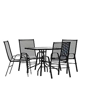 Flash Furniture Brazos Series 5-Piece Glass Patio Table and Chairs Set, Outdoor Patio Dining Set with Square Table and 4 Sling Patio Chairs, Black