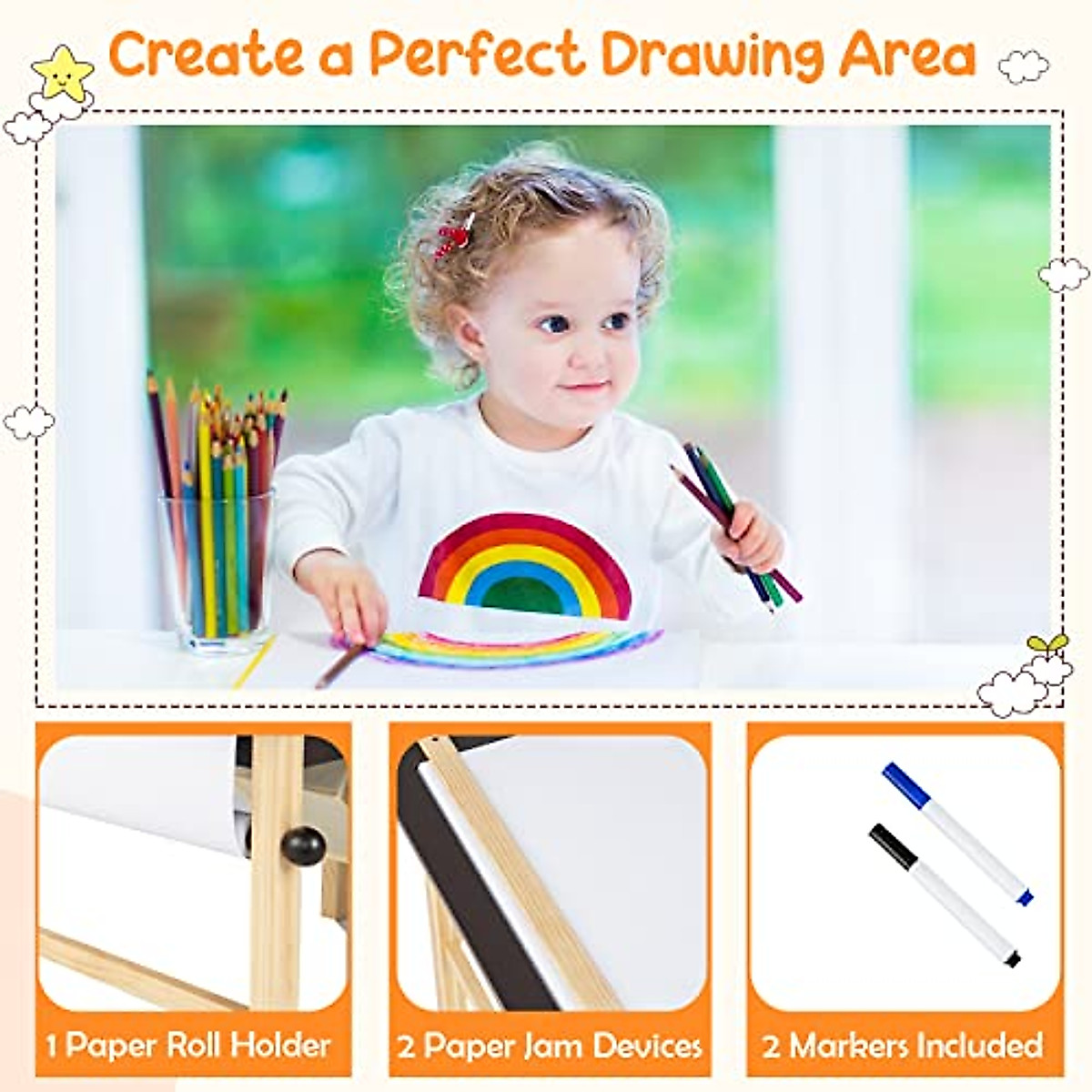 HONEY JOY Kids Art Table and Chair Set, Wooden Drawing Desk and 2 Stools w/Paper Roll, Open Shelf, Toddler Activity & Crafts Table w/Storage Bins, Children Furniture Set for Boys Girls Ages 3+