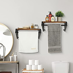 MyGift Wall Mounted Industrial Black Metal Garment Clothes Rack with Rustic Burnt Wood Display Shelf, Closet Clothing and Coat Storage Organizer Hanger Bar, Set of 2