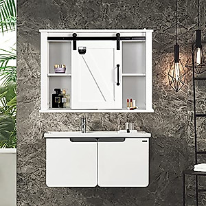 SSLine Vintage White Bathroom Wall Cabinet Wooden Medicine Cabinet Wall-Mounted Kitchen Storage Cabinets Space Saving Organizer with Sliding Barn Door and Shelves