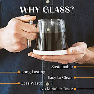 Pure Over Signature Borosilicate Glass Mug - Holds 14 oz - Includes Ceramic Coaster - Modern Design with Ergonomic Handle - Perfect for Hot & Iced Coffee, Latte, Cappuccino, Tea, Hot Chocolate