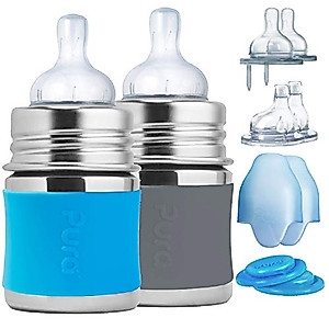 Pura Kiki Newborn Baby Bottle Gift Set - BPA-Free, Stainless Steel, Anti-Colic, Silicone Starter Feeding for Breastmilk & Formula - Aqua & Gray, 0-18 Months