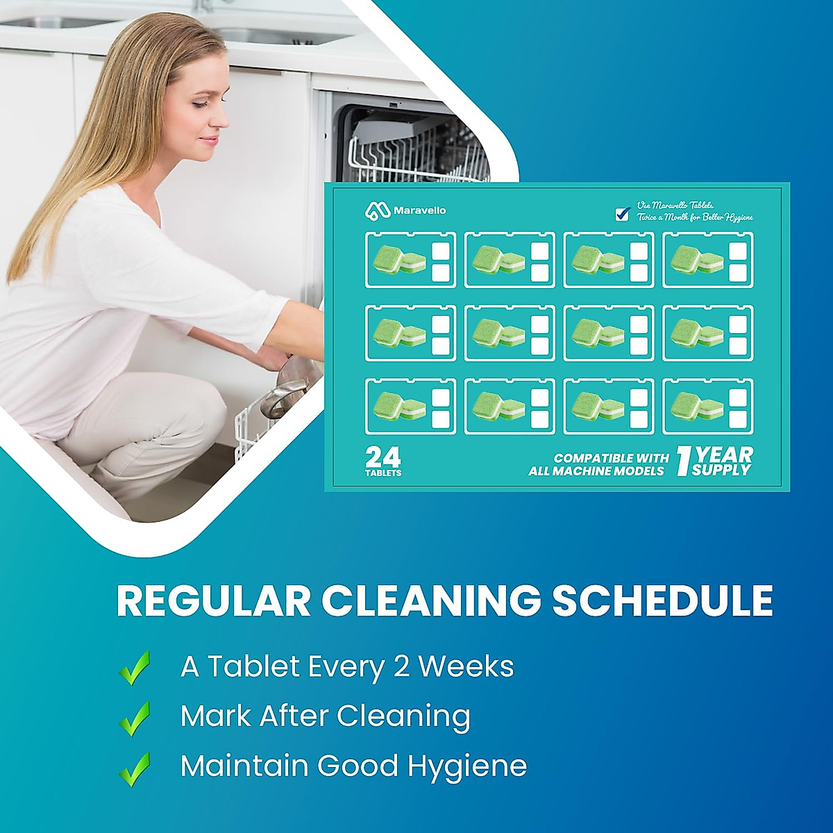 Maravello Dishwasher Cleaner and Deodorizer – 24 Tablets – Dish Washer Machine Deep Clean Descaler Pods for Heavy Duty Grease, Limescale, Hard Water, and Calcium – 12 Months Supply