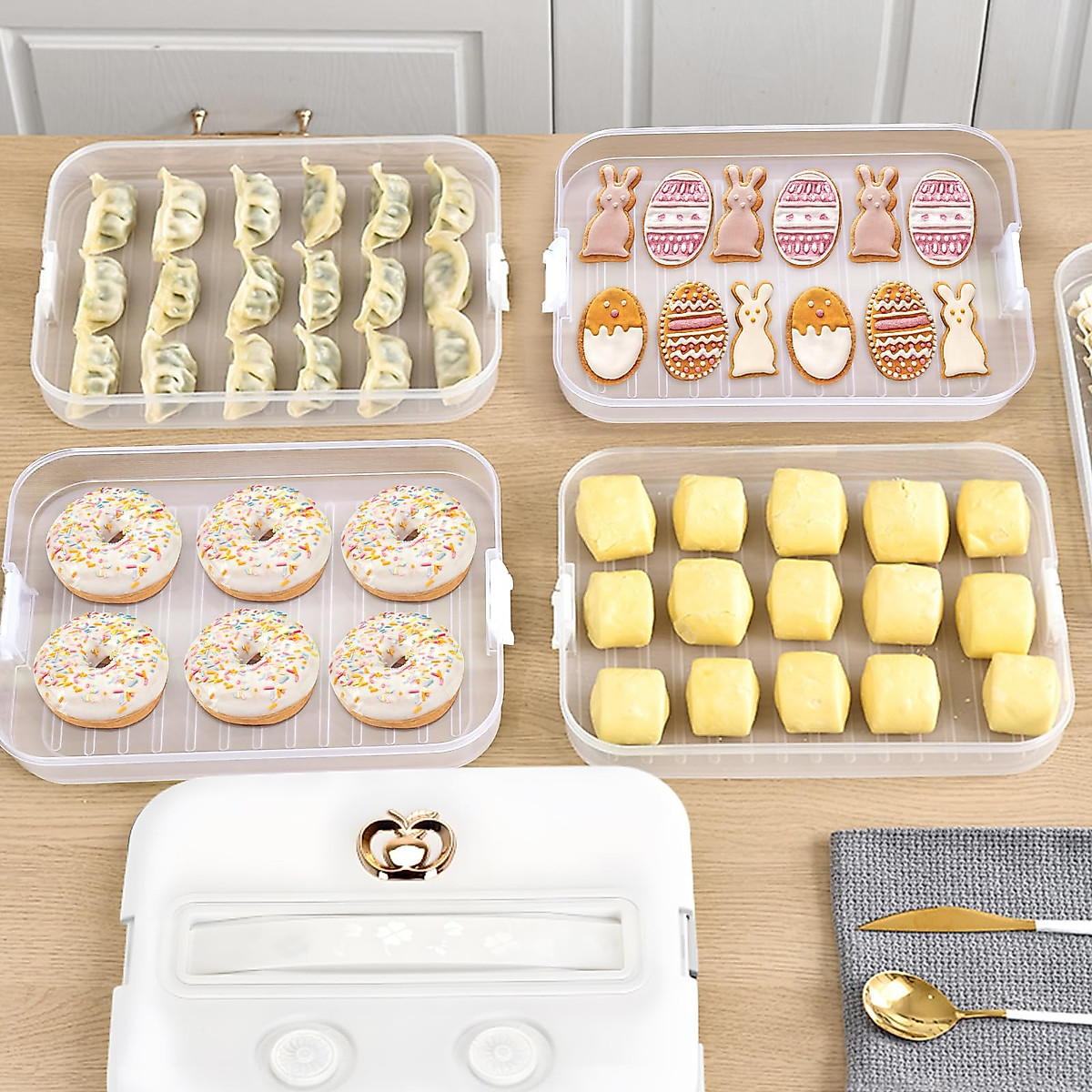 OFFKITSLY Food Storage Containers with Lids, Plastic Cookie Storage Containers Airtight, 4-Layer Stackable Food Containers Dumpling Storage Box, White