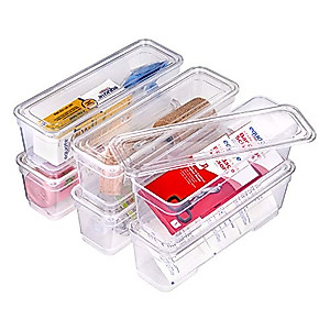 AB Designs Bin Pack, [6] Long Home Organizer Storage Boxes with Lids, Translucent Clear