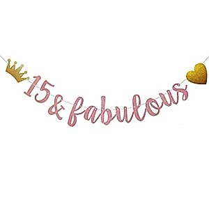 15 & Fabulous Banner, Pre-Strung, No Assembly Required, Funny Rose Gold Paper Glitter Party Decorations for 15th Birthday Party Supplies, Letters Rose Gold,ABCpartyland