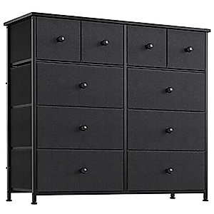 REAHOME 10 Drawer Dresser for Bedroom Fabric Storage Tower Wide Black Dresser with Wood Top Sturdy Steel Frame Storage Organizer Unit for Living Room Hallway Entryway Closets Nursery (Black Grey)