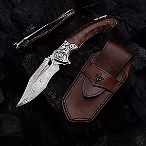 SPIRIT DEED Japanese VG 10 Damascus Steel Folding Knife, Outdoor Wilderness Survival Pocket Knife, Snake Wood Handle Lined Lock, Leather Sheath, EDC Pocket Knife