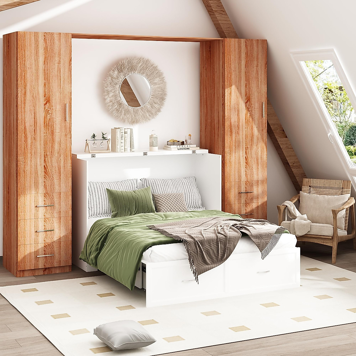 ECACAD Multi-Functional 2-in-1 Murphy Cabinet Bed, Full Size Bed Frame Murphy Bed Chest with Built-in Power Strip & 3 Drawers, Full Foldable Platform Bed, White