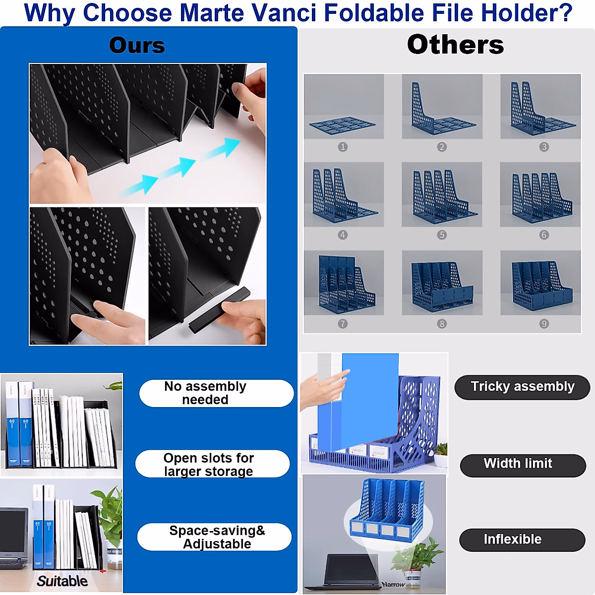 Marte Vanci Collapsible 4 Compartment Magazine Holder Desktop Adjustable Sturdy File Dividers Document Cabinet Rack Display (Black)