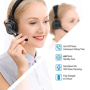 Trucker Bluetooth Headset Wireless with Noise canceling Microphone, On-Ear Wireless Headphones with Mic,Over The Head Earpiece for iOS & Android Mobile Phone, Skype, Truck Drivers, Call Center,Voip