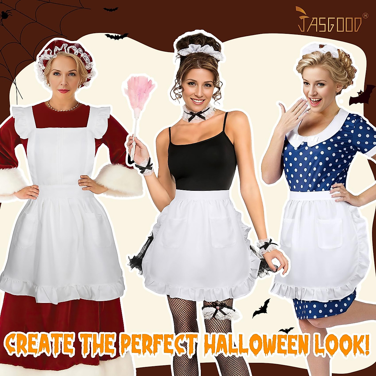 JASGOOD Women's Apron Kitchen Cooking Aprons with Pockets Vintage Maid Aprons for Halloween Costume
