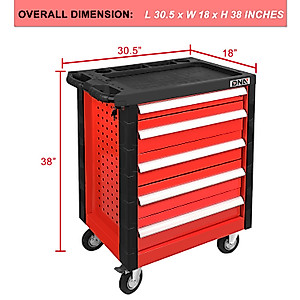 DNA MOTORING 30.5" L x 18" W x 38" H 5-Drawer Lockable Slide Tool Chest Rolling Tool Cart Cabinet (TOOLS-00001) with Keys , Red, Upgrade Package