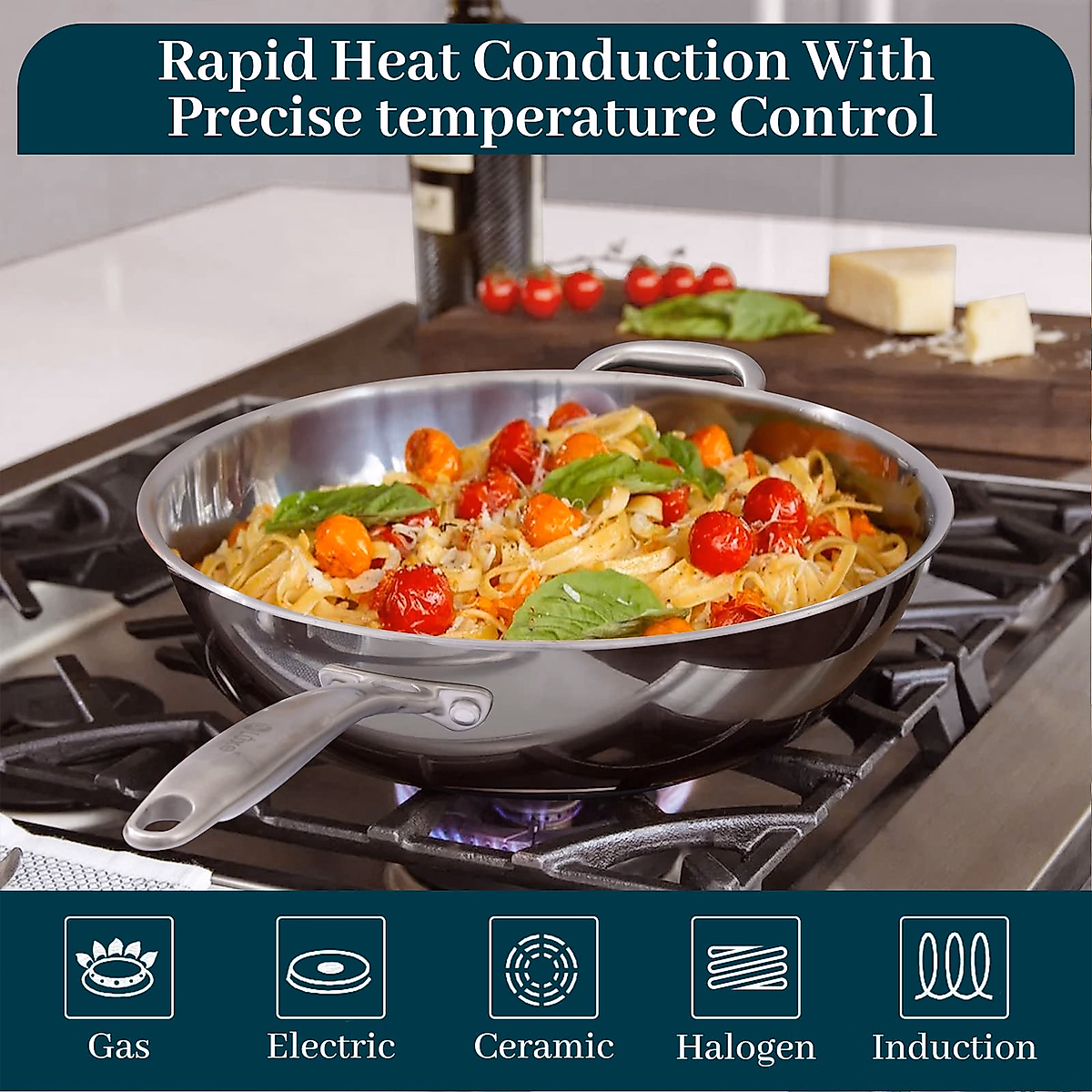 DELUXE Stainless Steel Wok Pan, 12.5" Stir Fry Pan with Steel Lid, 3-Ply Kitchen Cookware Stay-Cool Handle Large Cooking Pot for Induction Cooktop Electric Gas Ceramic, Dishwasher Oven Safe